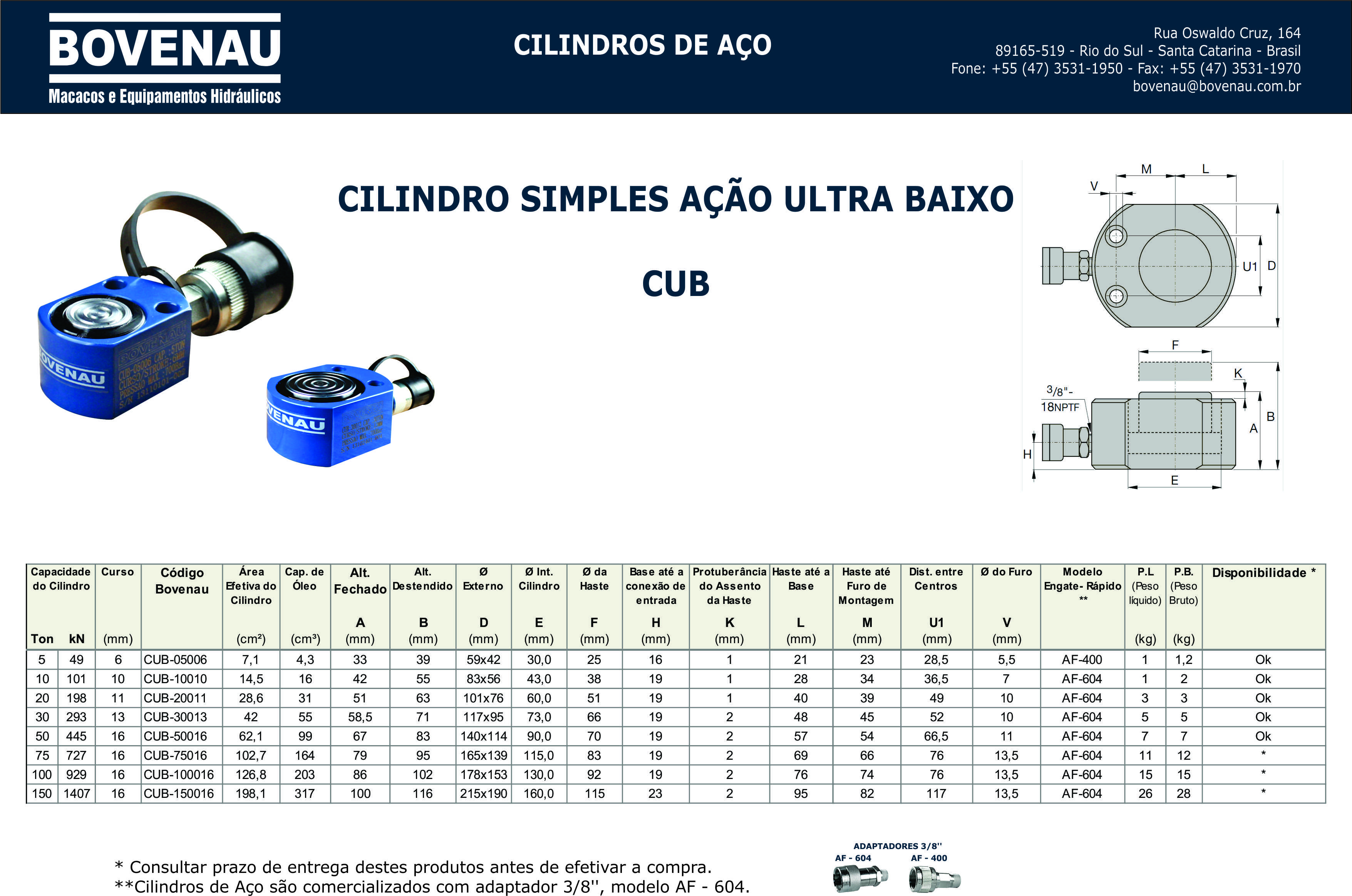 Cilindro Hidráulico de Simples Ação 50 Toneladas Bovenau modelo CUB ...